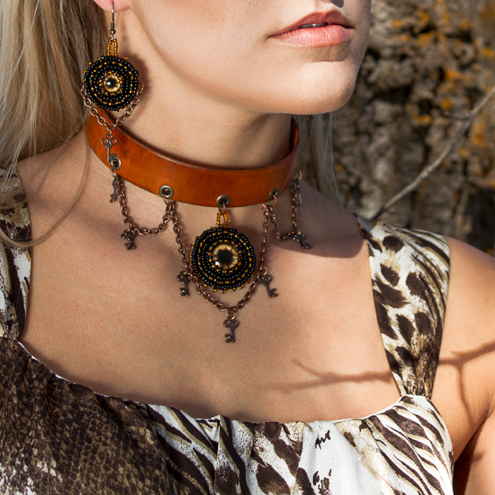 Brown Leather Steampunk Choker Set (Made to Order) - Twisted Pixies