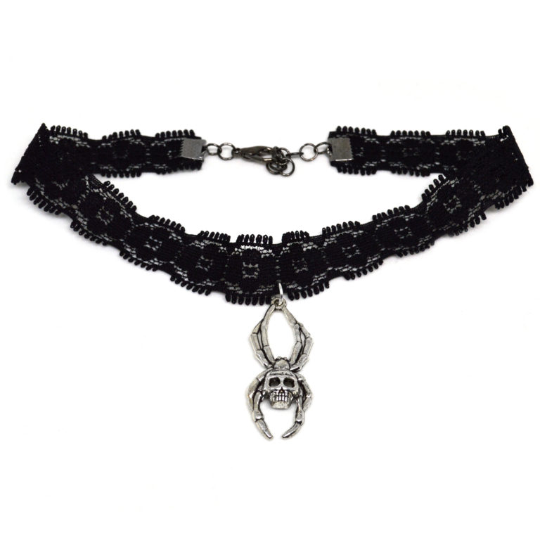 Black Lace Spider Skull Halloween Choker - Twisted Pixies